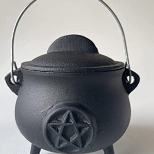 Pentagram Pentacle cast Iron Cauldron with lid and Handle, Witches Cauldron, Great for use with Charcoal Incense, Smudge Sage (Large 5.5 Inches)