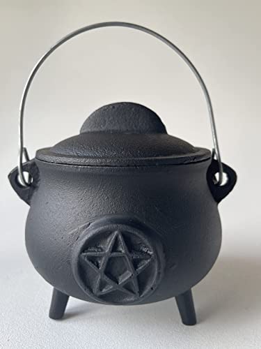 Pentagram Pentacle cast Iron Cauldron with lid and Handle, Witches Cauldron, Great for use with Charcoal Incense, Smudge Sage (Large 5.5 Inches)