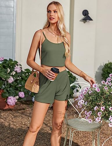 Ekouaer Womens Pajamas Set with Robe 3 Piece Loungewear Crop Cami Top and Shorts and Cardigan Solid Knit Sleepwear Sets (Army Green, XXL)