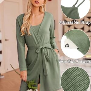 Ekouaer Womens Pajamas Set with Robe 3 Piece Loungewear Crop Cami Top and Shorts and Cardigan Solid Knit Sleepwear Sets (Army Green, XXL)