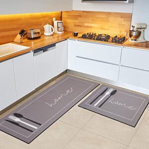 non skid kitchen rug set 2 pcs, waterproof grey kitchen floor mats with kitchenware pattern, 17"x29"+17"x47" anti-fatigue comfort kitchen rug for kitchen sink, floor, bathroom, office, laundry.