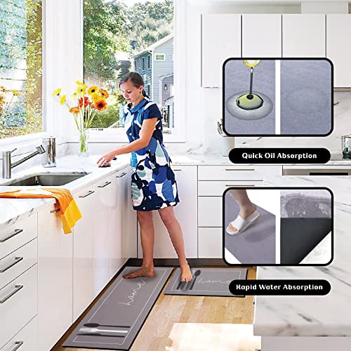 Non Skid Kitchen Rug Set 2 PCS, Waterproof Grey Kitchen Floor Mats With Kitchenware Pattern, 17"x29"+17"x47" Anti-Fatigue Comfort Kitchen Rug for Kitchen Sink, Floor, Bathroom, Office, Laundry.