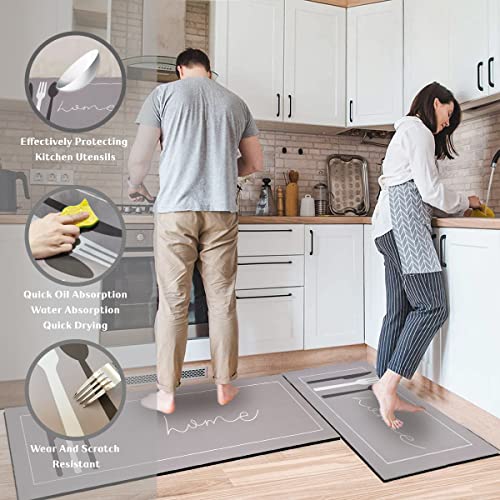 Non Skid Kitchen Rug Set 2 PCS, Waterproof Grey Kitchen Floor Mats With Kitchenware Pattern, 17"x29"+17"x47" Anti-Fatigue Comfort Kitchen Rug for Kitchen Sink, Floor, Bathroom, Office, Laundry.