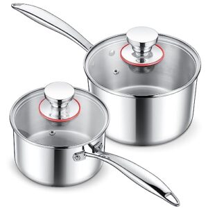 1qt & 2 qt saucepan with lid set, e-far triply 18/10 stainless steel sauce pan pot for cooking pasta warming milk boiling water, small metal cookware for kitchen, induction ready & heavy duty