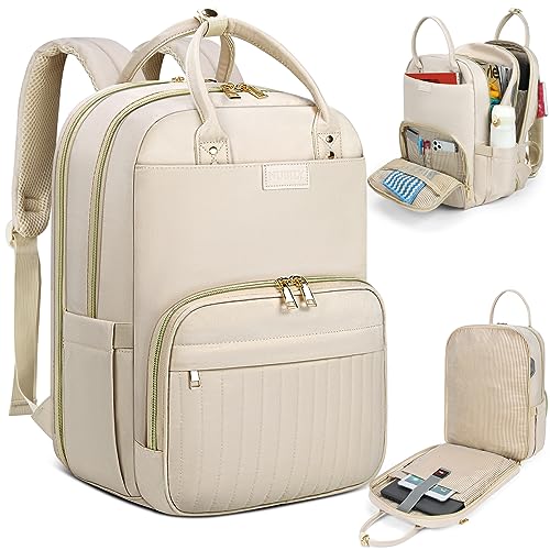 NUBILY Laptop Backpack for Women 15.6 Inch Waterproof Travel with USB Hole Fashion Work Business Computer Purse Large Teacher Nurse Bags Casual Daypacks College Business, Apricot