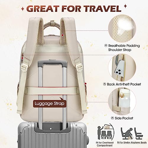 NUBILY Laptop Backpack for Women 15.6 Inch Waterproof Travel with USB Hole Fashion Work Business Computer Purse Large Teacher Nurse Bags Casual Daypacks College Business, Apricot