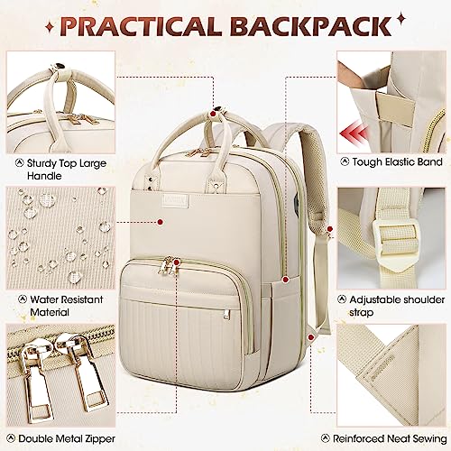 NUBILY Laptop Backpack for Women 15.6 Inch Waterproof Travel with USB Hole Fashion Work Business Computer Purse Large Teacher Nurse Bags Casual Daypacks College Business, Apricot