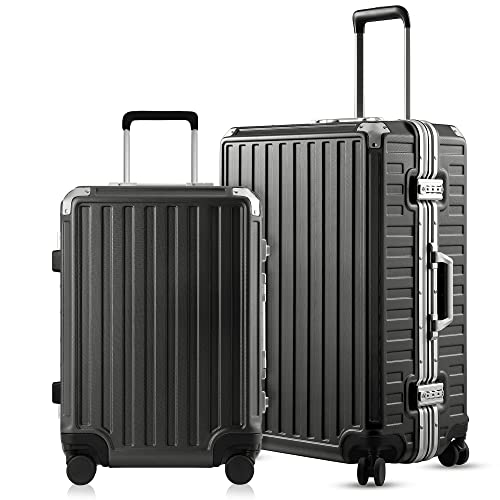 LUGGEX Aluminum Frame Luggage Sets, 100% Polycarbonate Hard Shell Checked Suitcase with 4 Corners, Zipperless Luggage with Spinner Wheels