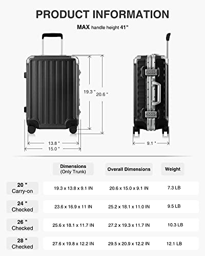 LUGGEX Aluminum Frame Luggage Sets, 100% Polycarbonate Hard Shell Checked Suitcase with 4 Corners, Zipperless Luggage with Spinner Wheels