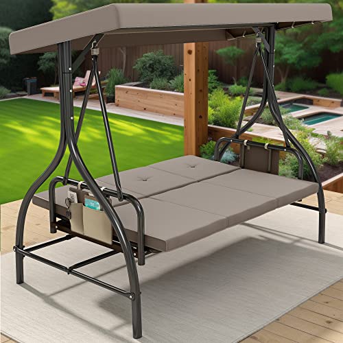 YITAHOME Outdoor Porch Swing, 3 Person Patio Swing Chair with Adjustable Canopy, Removable Cushion,Suitable for Garden, Poolside, Balcony-Beige & Grey