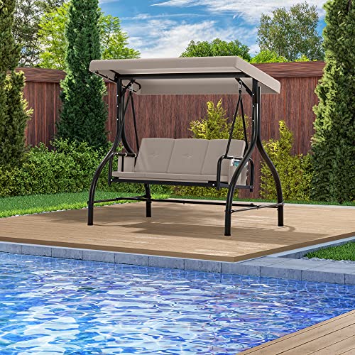 YITAHOME Outdoor Porch Swing, 3 Person Patio Swing Chair with Adjustable Canopy, Removable Cushion,Suitable for Garden, Poolside, Balcony-Beige & Grey