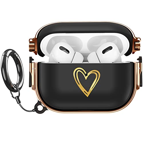 【with Lock】 Case for Airpods Pro 2nd Generation/1st Generation Case, Soft TPU Gold Heart Pattern AirPod Pro 2 Case with Keychain for Girls Women for AirPod Pro (2022/2019) Rose Gold