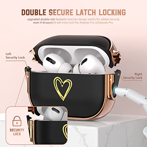 【with Lock】 Case for Airpods Pro 2nd Generation/1st Generation Case, Soft TPU Gold Heart Pattern AirPod Pro 2 Case with Keychain for Girls Women for AirPod Pro (2022/2019) Rose Gold