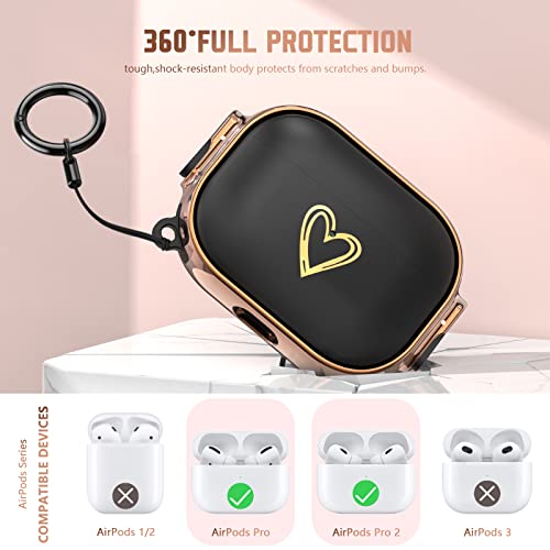 【with Lock】 Case for Airpods Pro 2nd Generation/1st Generation Case, Soft TPU Gold Heart Pattern AirPod Pro 2 Case with Keychain for Girls Women for AirPod Pro (2022/2019) Rose Gold