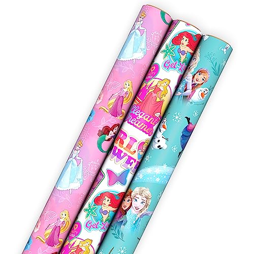 Hallmark Disney Princess and Frozen Wrapping Paper with Cutlines on Reverse (3 Rolls: 60 Square Feet Total) for Birthdays, Christmas, Valentine's Day