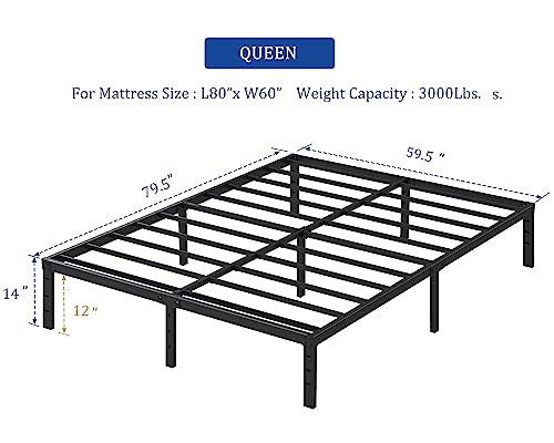 YUSENHEEI 14 Inch Queen Size Bed Frame, No Box Spring Needed, Heavy Duty Metal Platform Bed Frame with Large Underbed Storage Space, Noise Free, Easy Assembly, Black