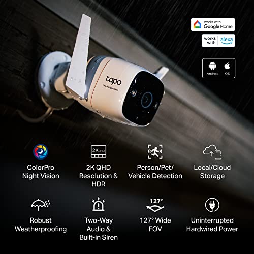 TP-Link ColorPro Wi-Fi Outdoor Camera | Plug-in | Daylight Clarity at Night | 2K QHD | Person/Pet/Vehicle Detection | Local/Cloud Storage | 127° FOV | Built-in Siren | Works w/Alexa & Google Home