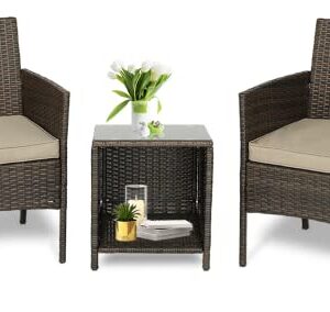 Furnimy 3 Pieces Outdoor Furniture Wicker Patio Set Bistro Set Outdoor Conversation Set PE Rattan Patio Dining Set for Porch Balcony Yard (Mix Brown-Gray)