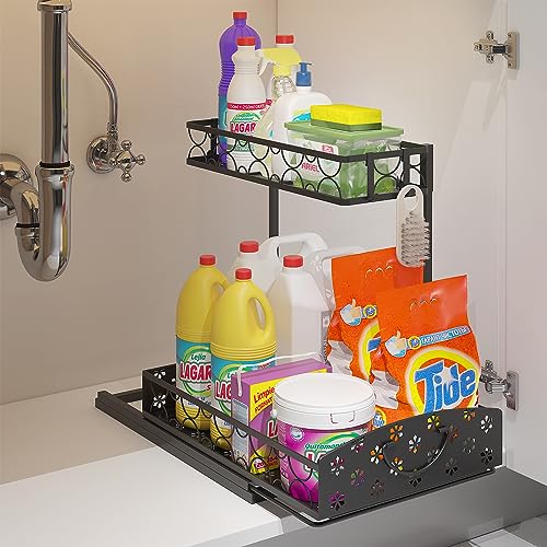 MHHA Under Sink Organizer,Adjustable Height Metal Under Kitchen Cabinet Organizer,2-Tier Sliding Shelf Storage,Multi-Use for Under Kitchen Bathroom Sink Organizers and Storage，Black