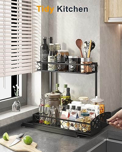 MHHA Under Sink Organizer,Adjustable Height Metal Under Kitchen Cabinet Organizer,2-Tier Sliding Shelf Storage,Multi-Use for Under Kitchen Bathroom Sink Organizers and Storage，Black