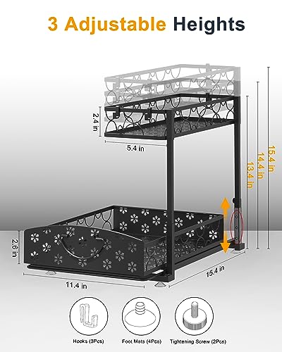 MHHA Under Sink Organizer,Adjustable Height Metal Under Kitchen Cabinet Organizer,2-Tier Sliding Shelf Storage,Multi-Use for Under Kitchen Bathroom Sink Organizers and Storage，Black