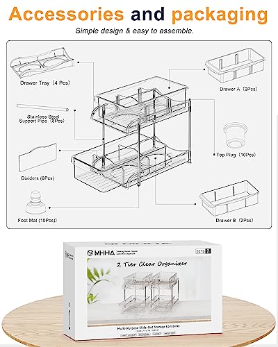 MHHA 2 Sets of 2-Tier Clear Under Bathroom Sink Organizers and Storage, Medicine Cabinet Organizer with Dividers, Pull Out Kitchen Pantry Shelf Cupboard Closet Vanity Organization Bins