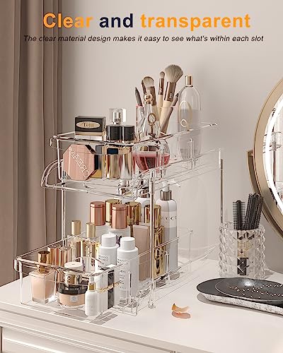 MHHA 2 Sets of 2-Tier Clear Under Bathroom Sink Organizers and Storage, Medicine Cabinet Organizer with Dividers, Pull Out Kitchen Pantry Shelf Cupboard Closet Vanity Organization Bins