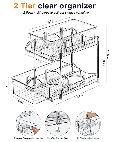 MHHA 2 Sets of 2-Tier Clear Under Bathroom Sink Organizers and Storage, Medicine Cabinet Organizer with Dividers, Pull Out Kitchen Pantry Shelf Cupboard Closet Vanity Organization Bins