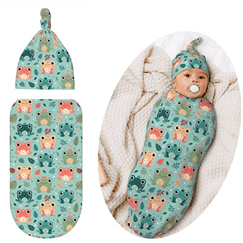 Frog Baby Stuff Cute Frog in Lake Swaddle Blanket with Hat Set Swaddles Up New Born Soft Transition Receiving Blanket Sleep Sacks for Baby Infant Boys Girls