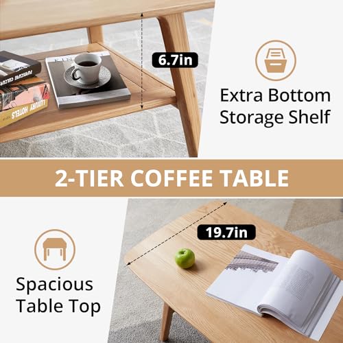 Coffee Table, High End Solid Wood Coffee Table with Storage Shelf and Open Tabletop, 2-Tier Coffee Table Rectangular Coffee Table for Living Room, Office, Easy Assembly(39.37 * 19.69 * 17.32 Inch)