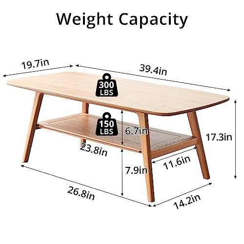 Coffee Table, High End Solid Wood Coffee Table with Storage Shelf and Open Tabletop, 2-Tier Coffee Table Rectangular Coffee Table for Living Room, Office, Easy Assembly(39.37 * 19.69 * 17.32 Inch)