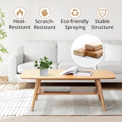 Coffee Table, High End Solid Wood Coffee Table with Storage Shelf and Open Tabletop, 2-Tier Coffee Table Rectangular Coffee Table for Living Room, Office, Easy Assembly(39.37 * 19.69 * 17.32 Inch)