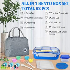 52Pcs Bento Box Lunch Box Kit, 1300ML Lunch Container for Kids/Adults/School, Durable Leak-proof Box 4 Compartments with Lunch Bag,Spoon,Fork,Accessories,for Dishwasher Refrigerator Microwave(Blue)