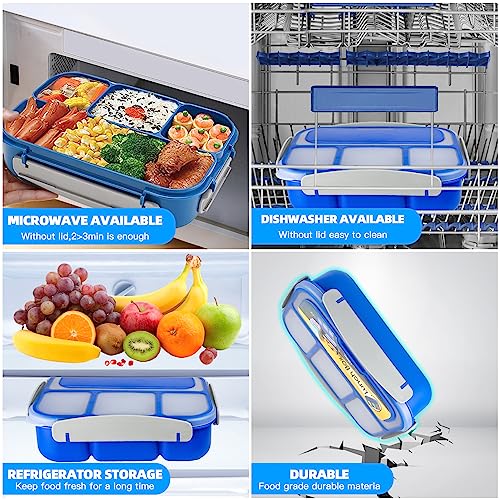 52Pcs Bento Box Lunch Box Kit, 1300ML Lunch Container for Kids/Adults/School, Durable Leak-proof Box 4 Compartments with Lunch Bag,Spoon,Fork,Accessories,for Dishwasher Refrigerator Microwave(Blue)