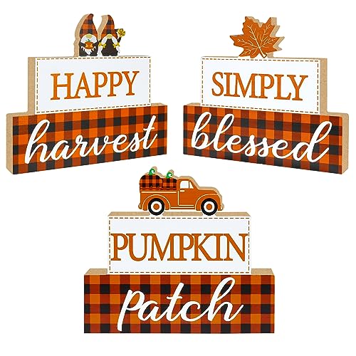 Fall Thanksgiving Decorations for Home, 3 PCS Buffalo Plaid Fall Table Decor Wooden Fall Signs - Harvest Blessed Pumpkin Patch, Farmhouse Fall Thanksgiving Decor for Tabletop Centerpieces Mantle Shelf