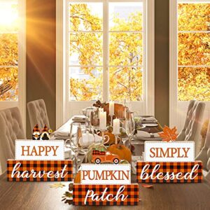 Fall Thanksgiving Decorations for Home, 3 PCS Buffalo Plaid Fall Table Decor Wooden Fall Signs - Harvest Blessed Pumpkin Patch, Farmhouse Fall Thanksgiving Decor for Tabletop Centerpieces Mantle Shelf