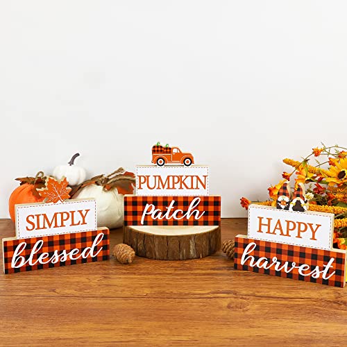 Fall Thanksgiving Decorations for Home, 3 PCS Buffalo Plaid Fall Table Decor Wooden Fall Signs - Harvest Blessed Pumpkin Patch, Farmhouse Fall Thanksgiving Decor for Tabletop Centerpieces Mantle Shelf