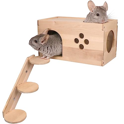 YKD Chinchilla Wooden House with Ladder - Small Animal Hideout for Chinchilla Squirrel or Sugar Gliders - Ventilated Wooden Chinchilla Hut Hideout with Multiple Doors