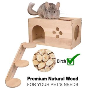 YKD Chinchilla Wooden House with Ladder - Small Animal Hideout for Chinchilla Squirrel or Sugar Gliders - Ventilated Wooden Chinchilla Hut Hideout with Multiple Doors