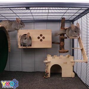 YKD Chinchilla Wooden House with Ladder - Small Animal Hideout for Chinchilla Squirrel or Sugar Gliders - Ventilated Wooden Chinchilla Hut Hideout with Multiple Doors