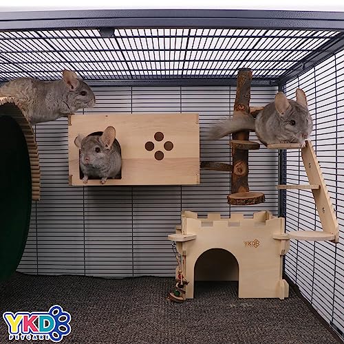 YKD Chinchilla Wooden House with Ladder - Small Animal Hideout for Chinchilla Squirrel or Sugar Gliders - Ventilated Wooden Chinchilla Hut Hideout with Multiple Doors