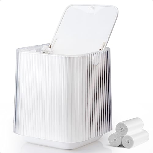 SUNTEREST Small Desktop Trash Can with Lid,Mini Garbage Can with Trash Bags,Modern Vanity Little Countertop Waste Bin,Press Type Tiny Table Trash Bucket for Bathroom,Kitchen,Bedroom,Office (White)