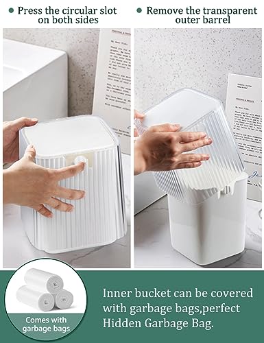 SUNTEREST Small Desktop Trash Can with Lid,Mini Garbage Can with Trash Bags,Modern Vanity Little Countertop Waste Bin,Press Type Tiny Table Trash Bucket for Bathroom,Kitchen,Bedroom,Office (White)