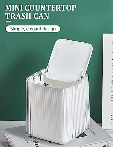 SUNTEREST Small Desktop Trash Can with Lid,Mini Garbage Can with Trash Bags,Modern Vanity Little Countertop Waste Bin,Press Type Tiny Table Trash Bucket for Bathroom,Kitchen,Bedroom,Office (White)