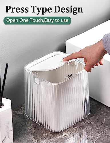 SUNTEREST Small Desktop Trash Can with Lid,Mini Garbage Can with Trash Bags,Modern Vanity Little Countertop Waste Bin,Press Type Tiny Table Trash Bucket for Bathroom,Kitchen,Bedroom,Office (White)