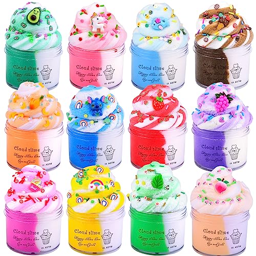 12 Pack Cloud Slime Kit, DIY Stress Relief Toy Cake Slime with Cute Slime Charms, Kids Party Favors Slime Putty Toys Gift