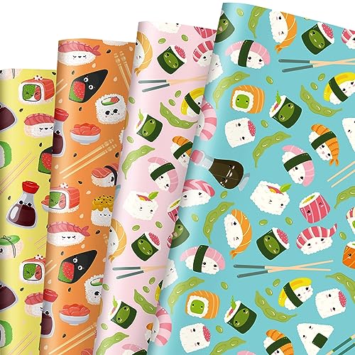 Whaline 12 Sheet Sushi Faces Wrapping Paper Bulk 4 Design Cute Sushi Trendy Gift Wrap Art Paper for Birthday Wedding Baby Shower DIY Crafts Gift Packing Decoration, 19.7 x 27.6 Inch, Folded Flat