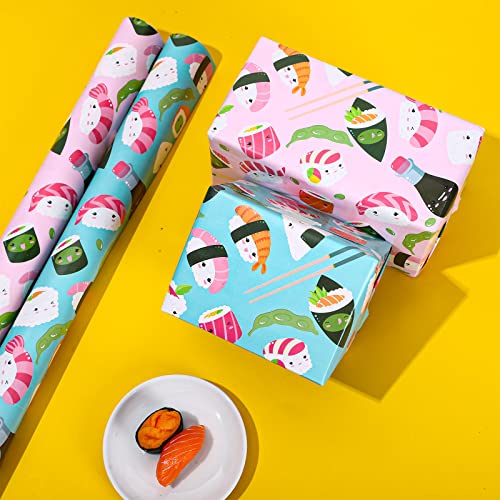 Whaline 12 Sheet Sushi Faces Wrapping Paper Bulk 4 Design Cute Sushi Trendy Gift Wrap Art Paper for Birthday Wedding Baby Shower DIY Crafts Gift Packing Decoration, 19.7 x 27.6 Inch, Folded Flat