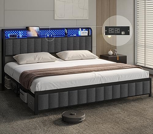 ADORNEVE King Size Bed Frame with LED Lights Headboard, Upholstered Platform Bed with Charging Station, LED Bed Frame with Storage Headboard, Upgraded 2-Row Mid-Beams, Noise-Free, Dark Grey