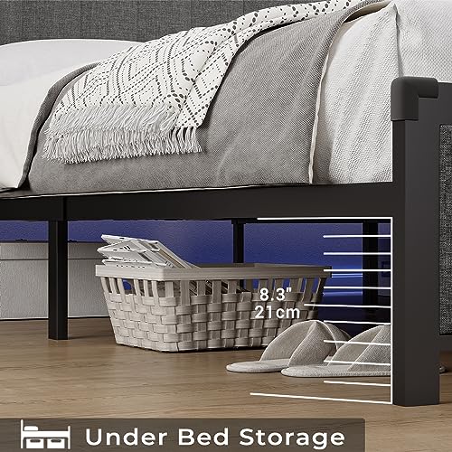 ADORNEVE King Size Bed Frame with LED Lights Headboard, Upholstered Platform Bed with Charging Station, LED Bed Frame with Storage Headboard, Upgraded 2-Row Mid-Beams, Noise-Free, Dark Grey